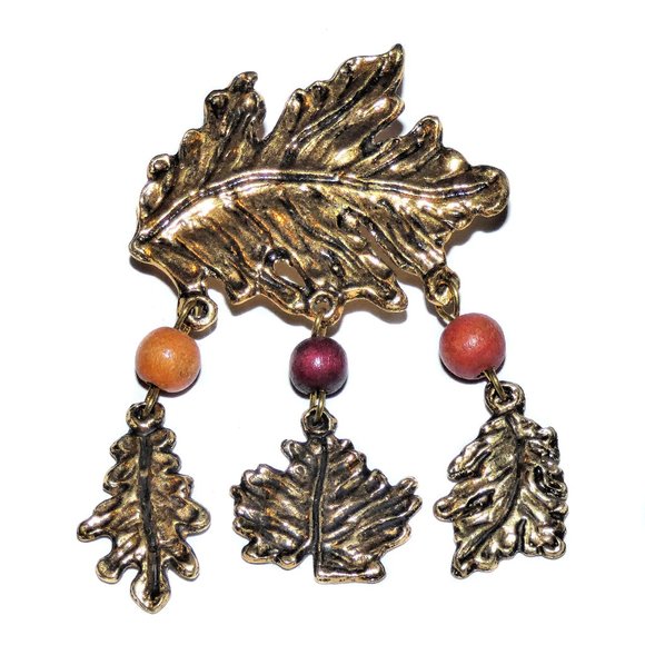 Jewelry | Vintage Leaves Brooch Pin Beads Dangle Gold Tone Leaf Fall ...